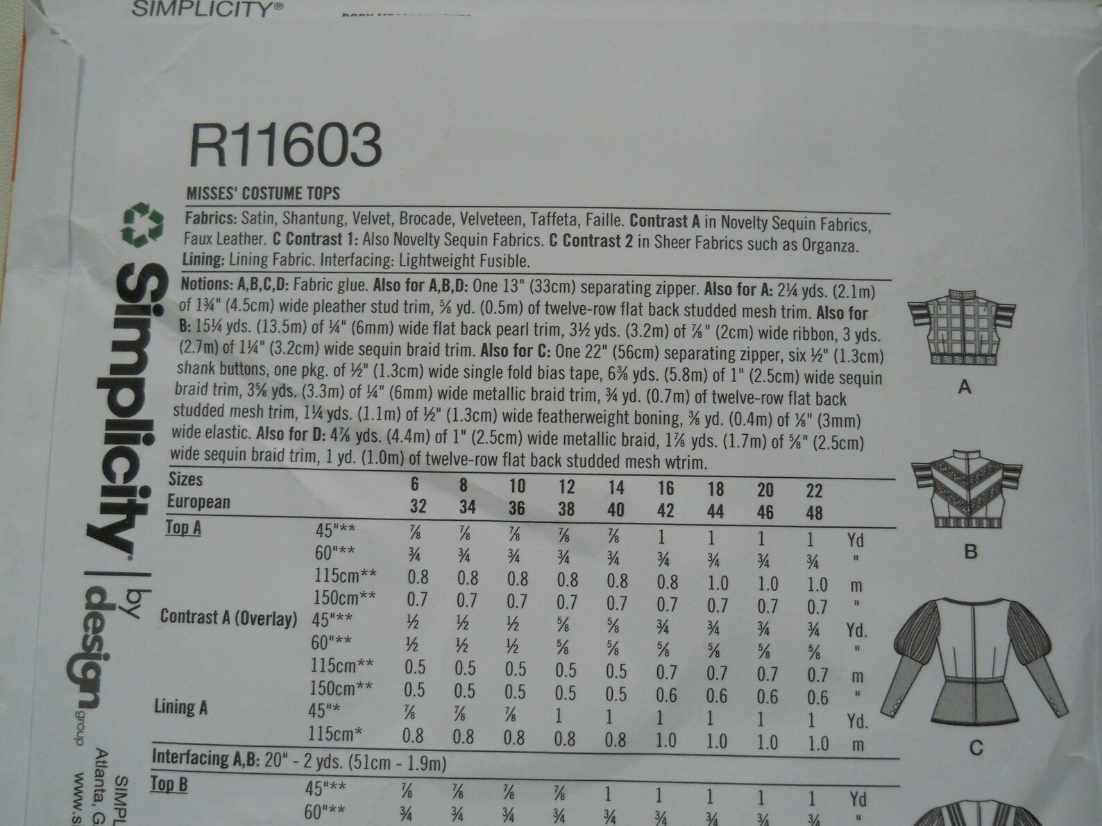 2022 Andrea Schewe Costume Tops Simplicity R11603 S9627 H5 (6-14) OR R5 ...