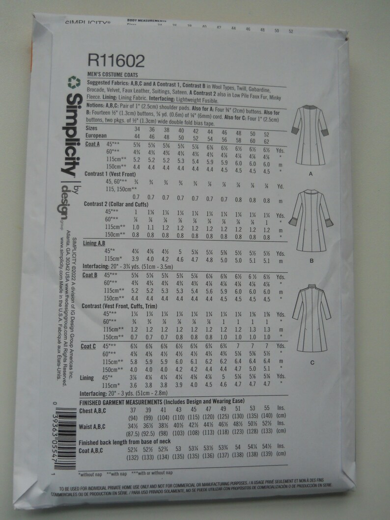 2022 Men's Long Costume Coat Simplicity S9630 R11602 AA - Etsy