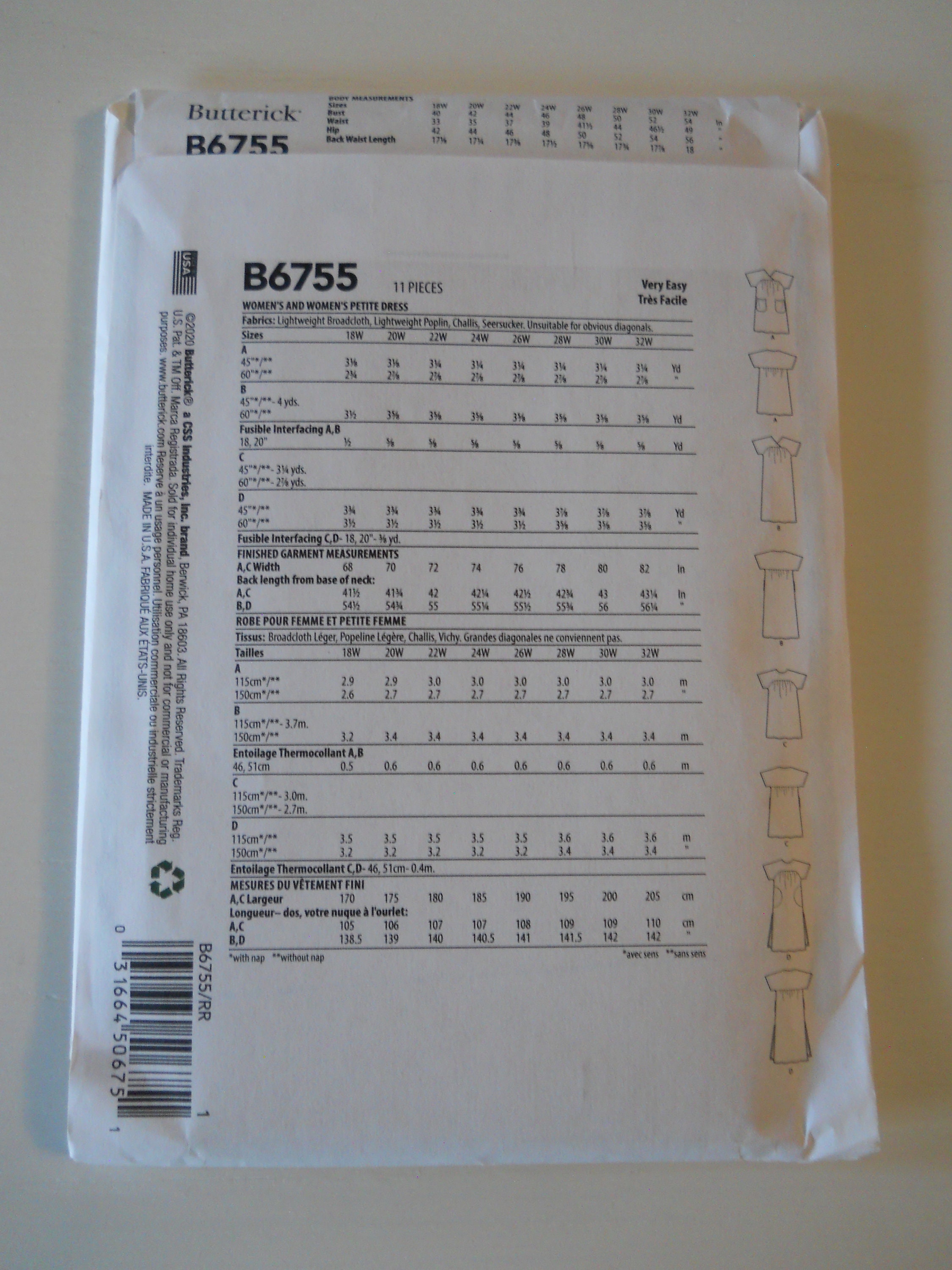 Plus, Very Easy Caftan Butterick B6755 RR (18W-20W-22W-24W) New Sewing ...
