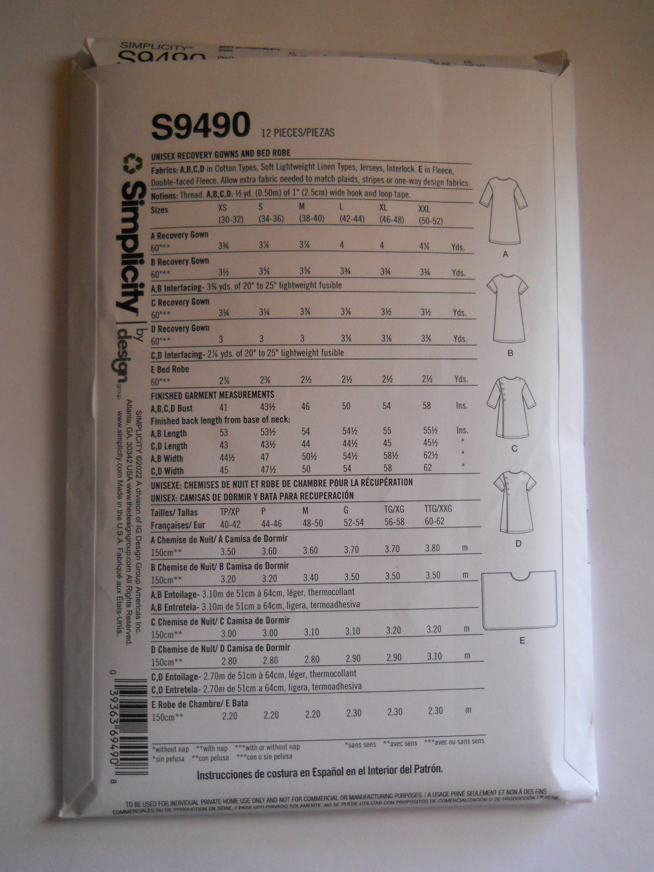 2022 Adaptive Unisex Gown Simplicity S9490 AA or BB Sewing Pattern ...