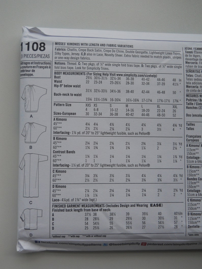 Easy American Sewing Guild Kimonos Simplicity 1108 A XXS-XXL - Etsy