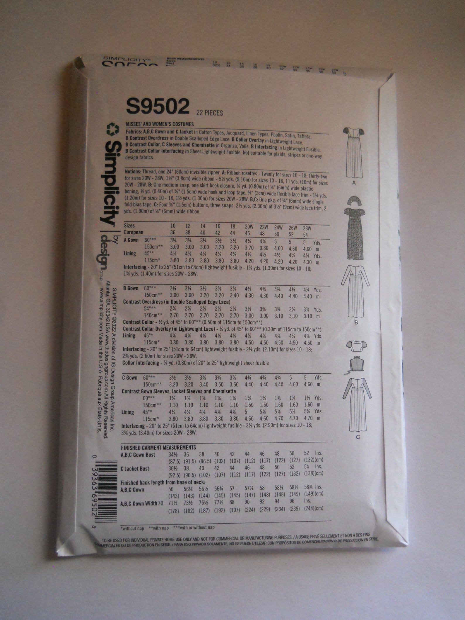 2022 Formal Costume Gown Simplicity S9502 AA 10-18 New Sewing Pattern ...