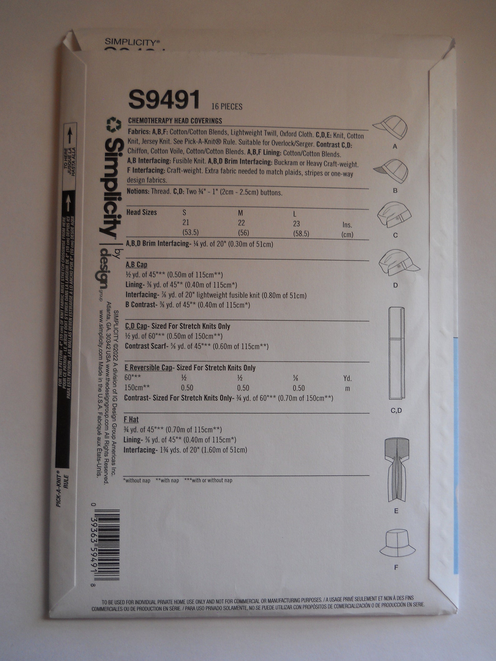 Head Coverings Simplicity S9491 A Adaptive Sewing Pattern for Baseball ...