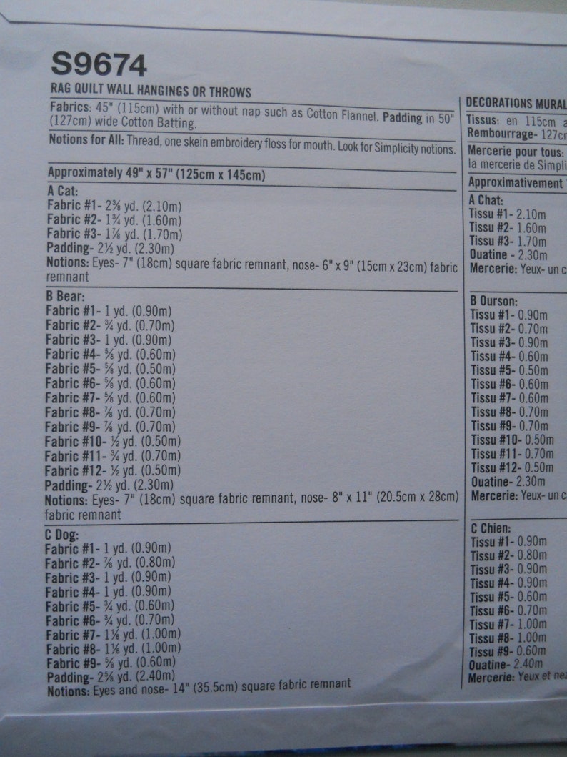 2022 Dog, Bear, Cat Rag Quilt Simplicity S9674 New Sewing Pattern ...