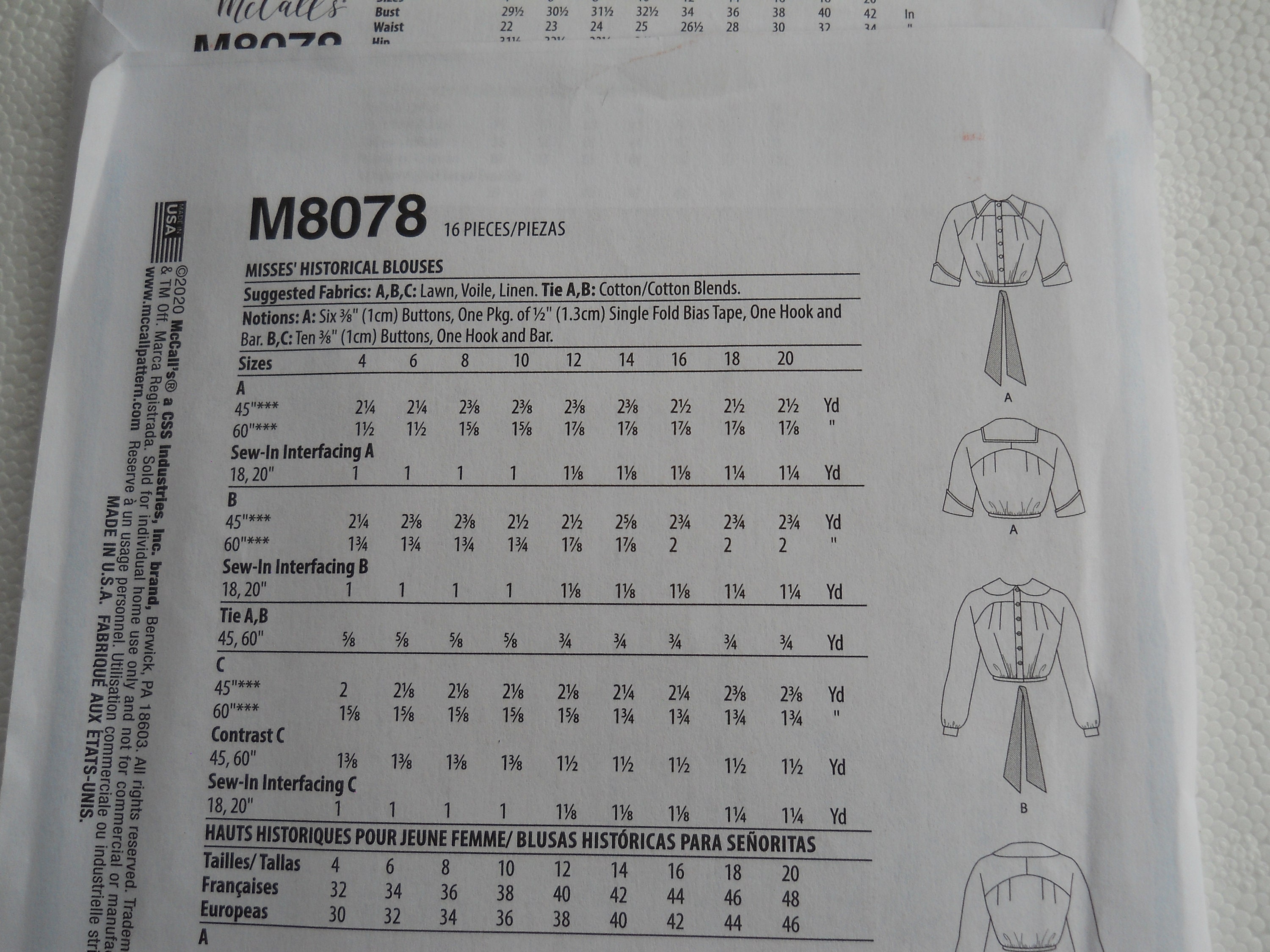 Historic Costume Blouse Mccall's M8078 AX5 (4-6-8-10-12) or D5 (12-14 ...