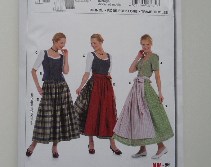 German Dirndl Skirt, Blouse, Vest, Apron Burda 7870 (12-30) New Sewing Pattern Misses, Plus ...