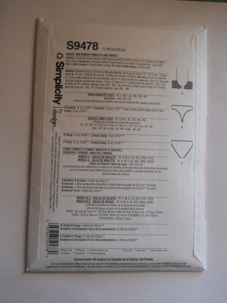 2022 Sexy Lingerie Simplicity S9478 A (XS to 4XL) Plus Sewing Pattern ...