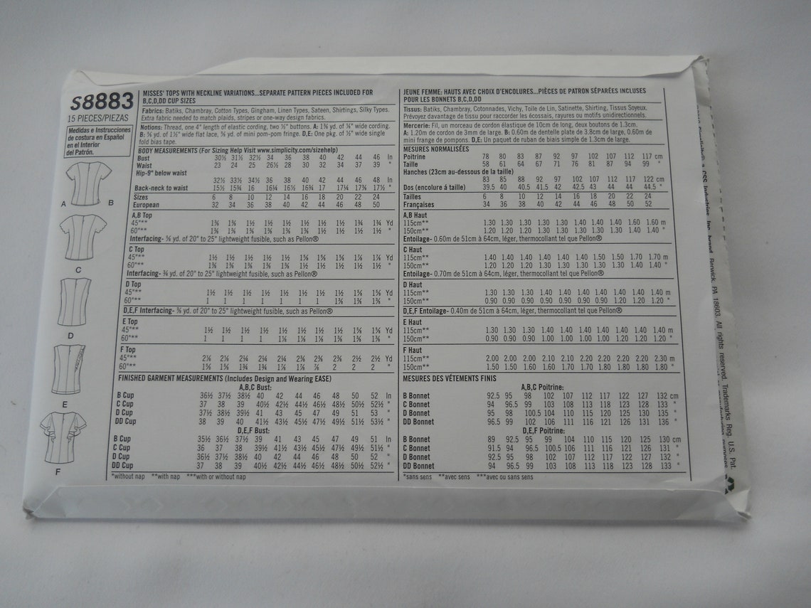 Blouse With Cup Size Pattern Pieces Simplicity S8883 H5 6-14 - Etsy