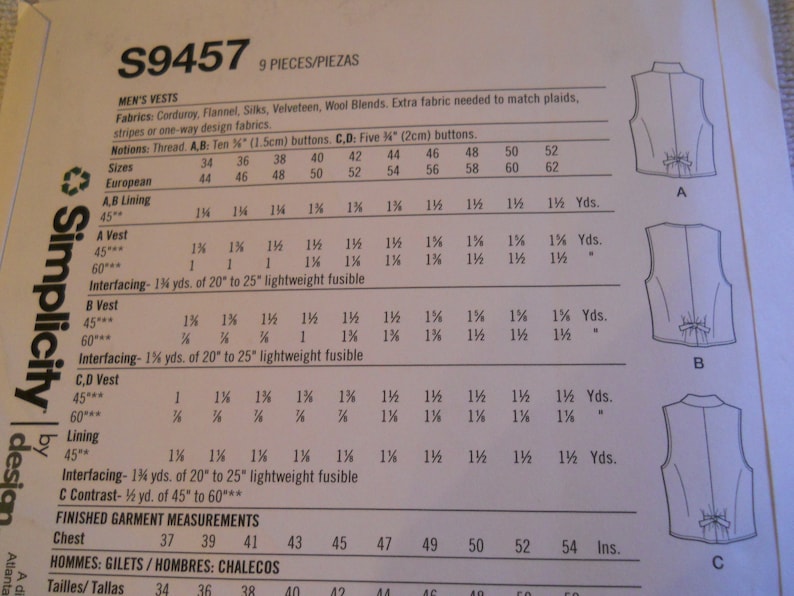 Easy Historic Style Men's Vest Simplicity S9457 AA (34-42) OR BB (44-52 ...