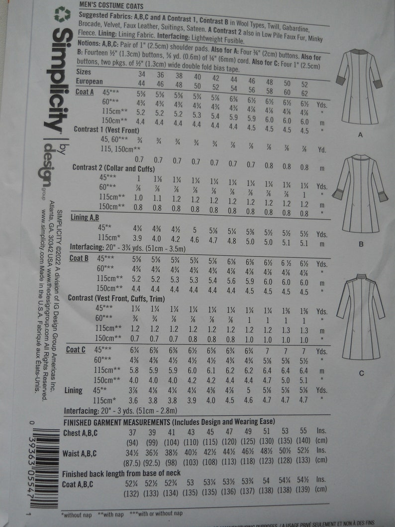 2022 Men's Long Costume Coat Simplicity S9630 R11602 AA - Etsy