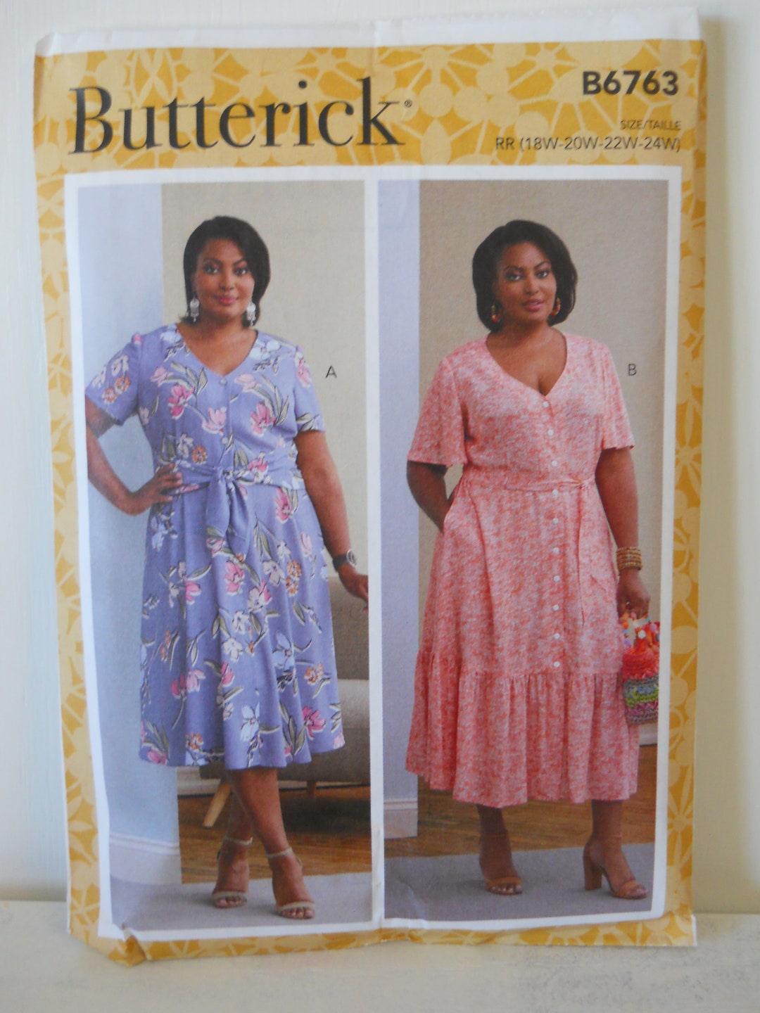 Easy V Neck Button Front Dress Butterick B6763 RR (18W-24W) OR KK (26W ...