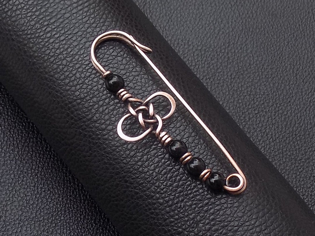 Scarf Brooch Pin With Black Onyx Gemstones Pure Copper Wire Celtic Knot ...