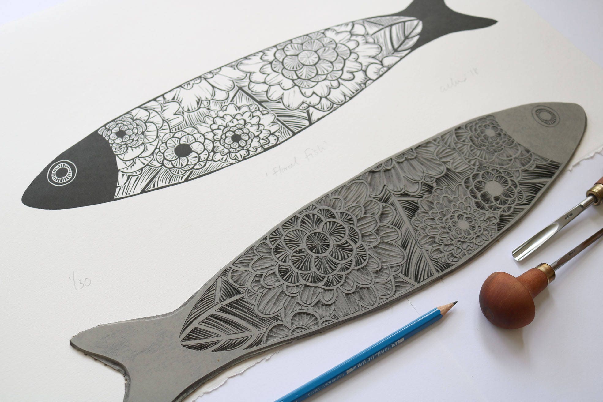Floral Fish - Original Lino Print of Fish, Handmade, Original Print ...