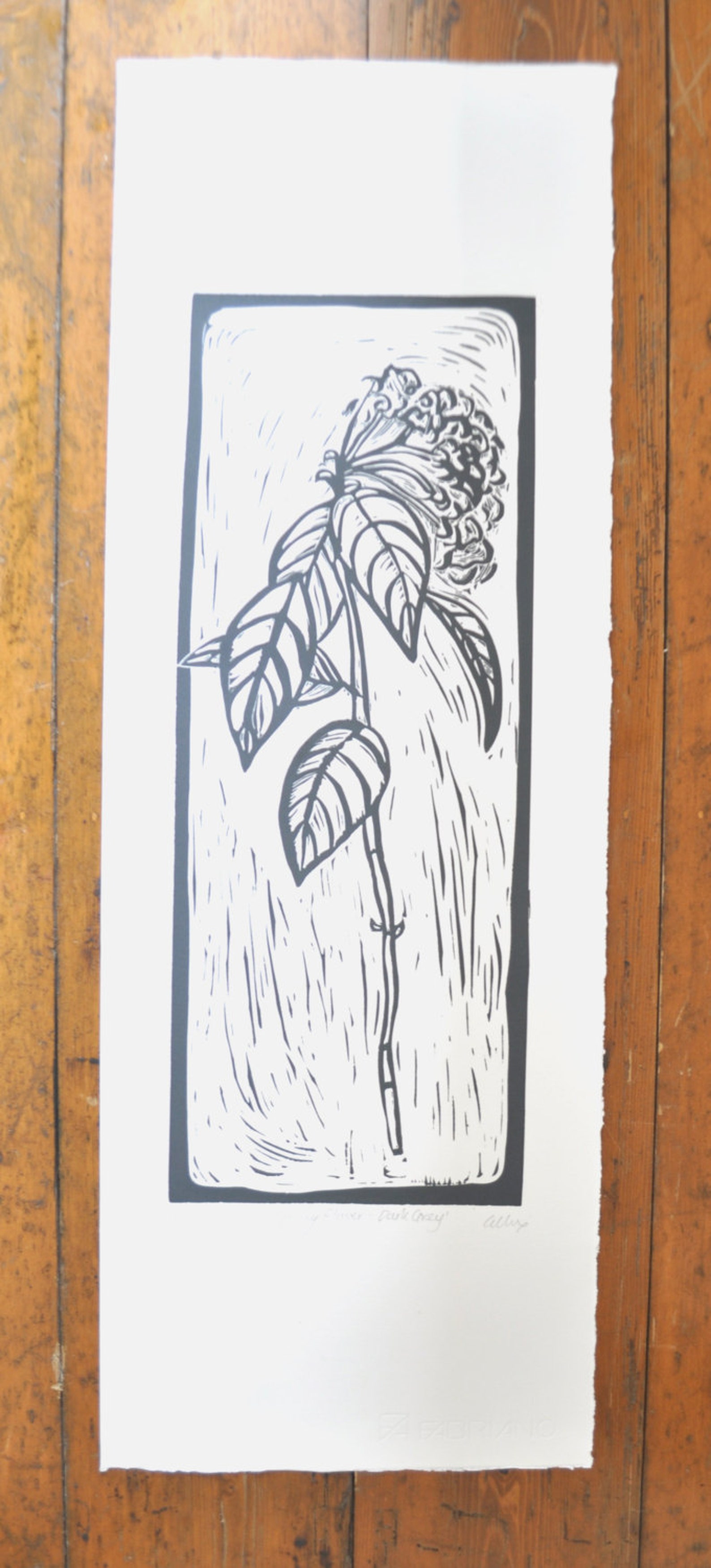 Spring Flower, Original Lino Print of Flower, Leaves & Stem, Dark Grey ...