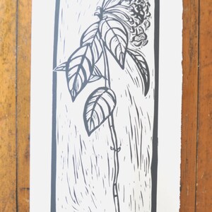 Spring Flower, Original Lino Print of Flower, Leaves & Stem, Dark Grey ...