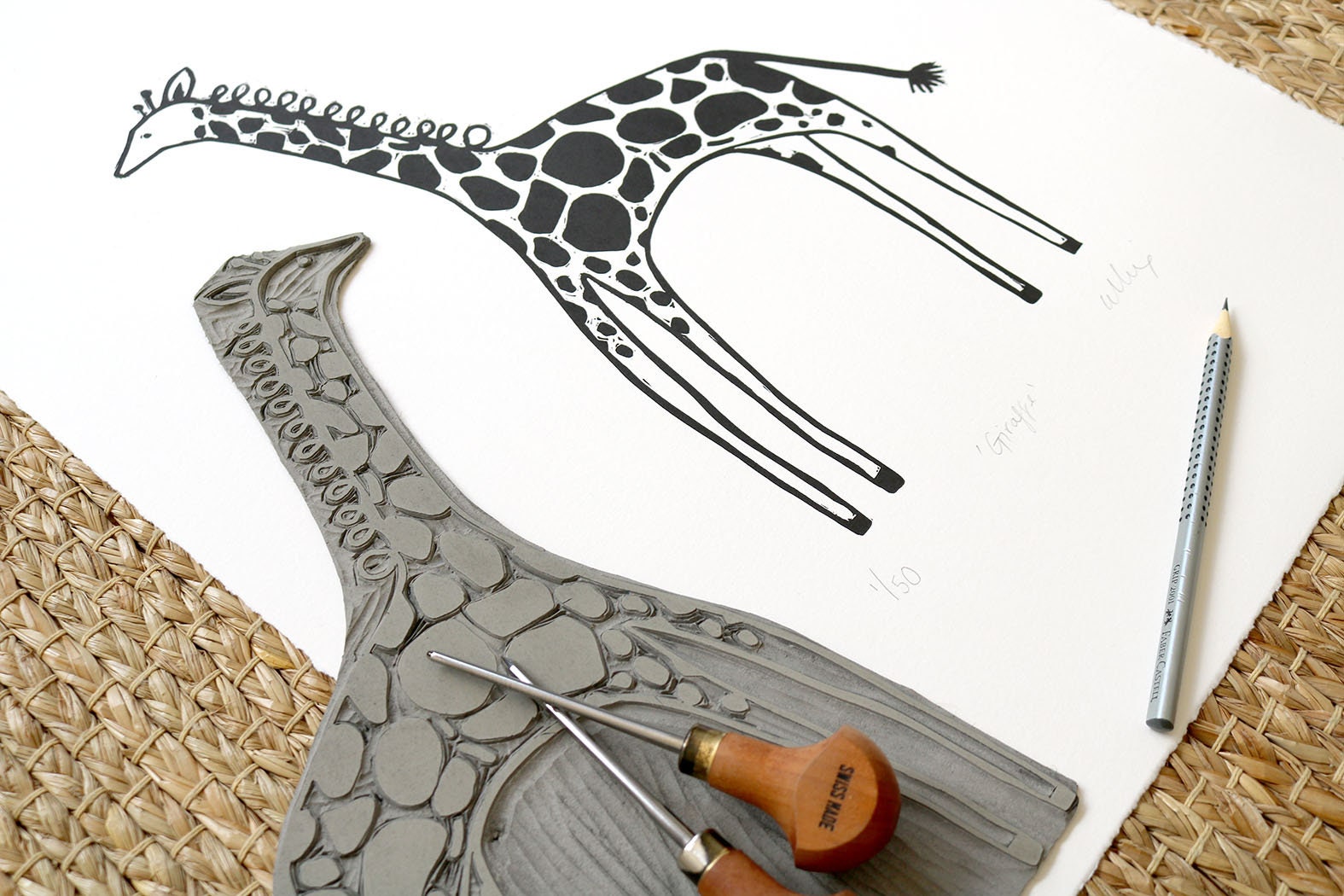 Giraffe Lino Print Limited Edition Relief Print African Animal Childs ...