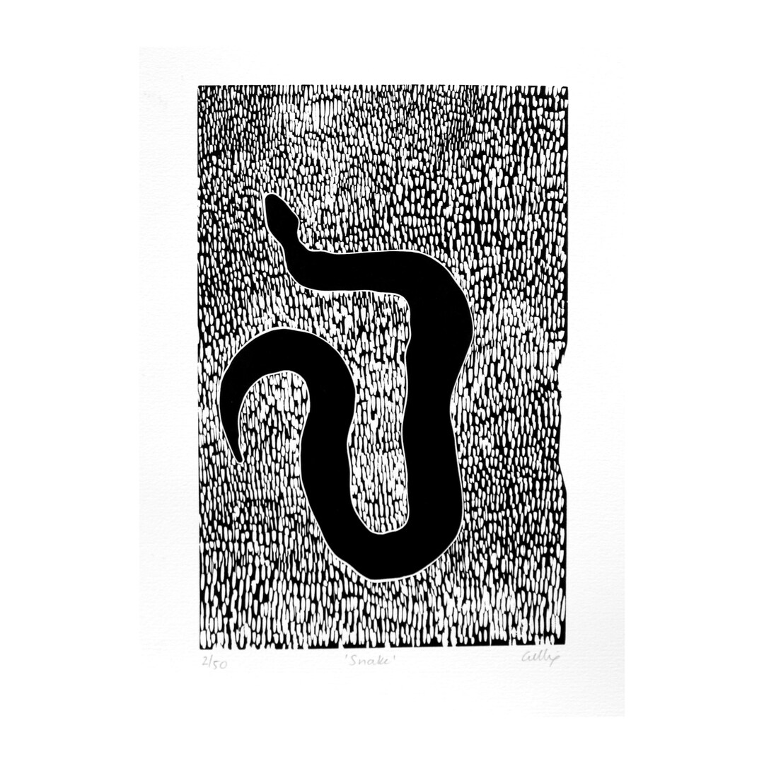 Snake Linoprint Linocut Limited Edition Black & White Australian Relief ...
