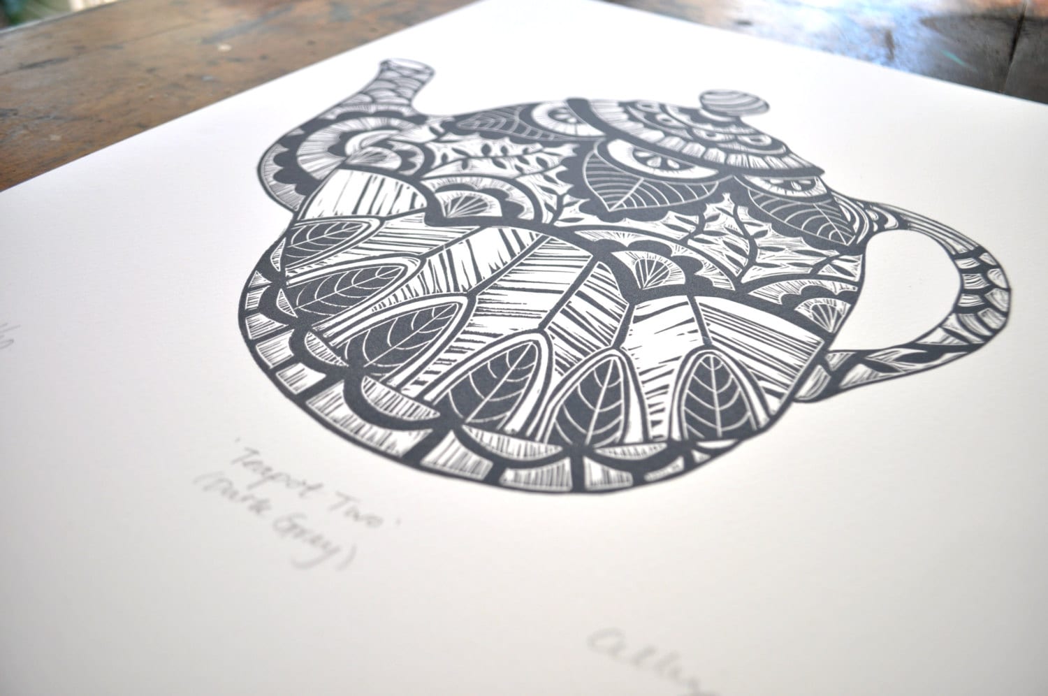 Original Lino Print of Teapot (dark Grey), Pattern 2, Handmade ...