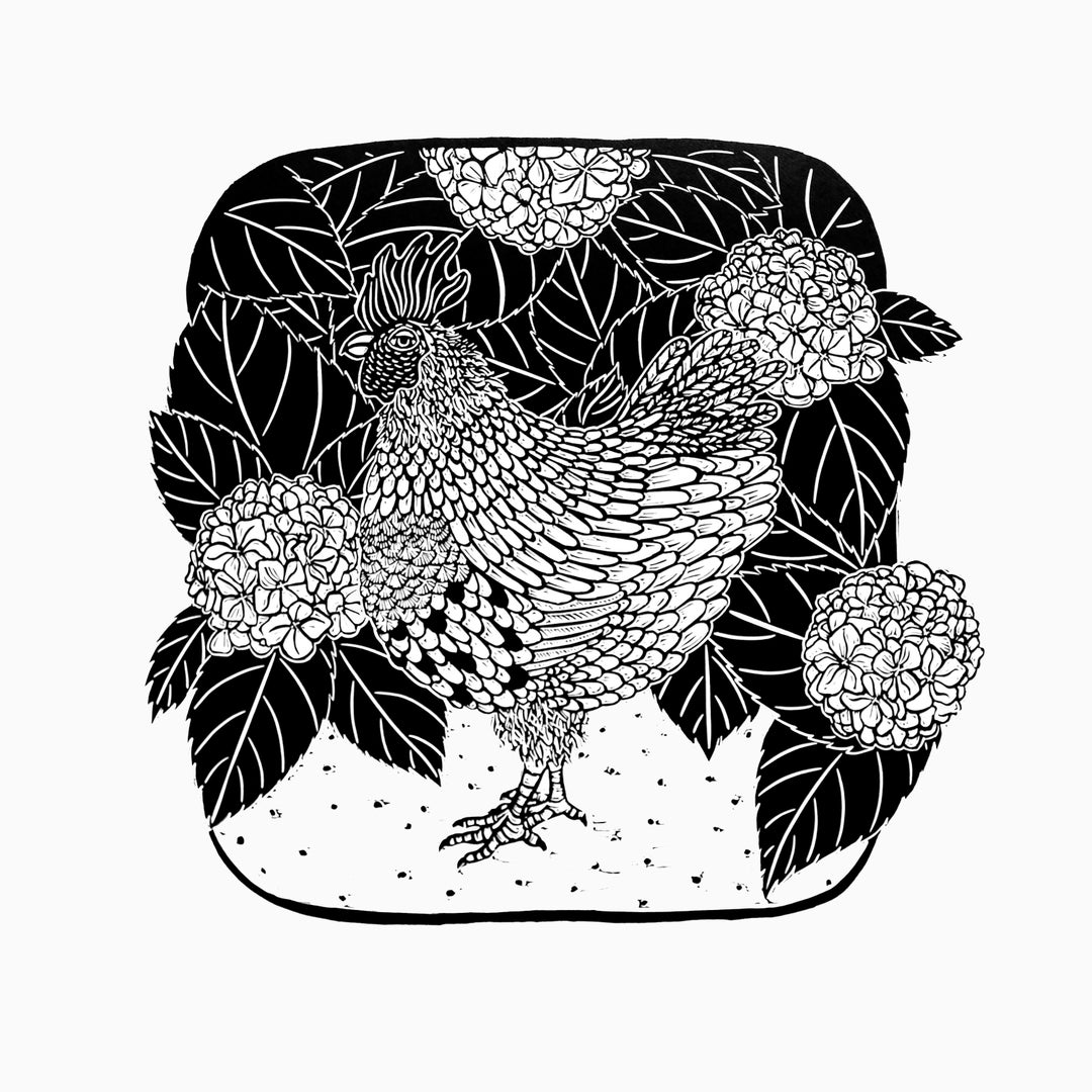 Chicken Lino Print Limited Edition Hydrangea Flower Leaves Printmaking ...