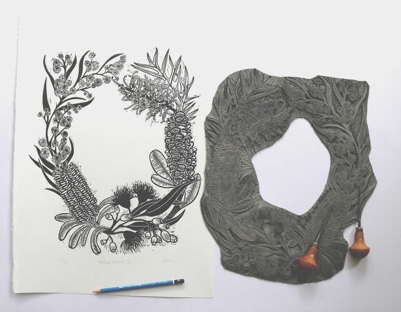 Native Wreath II Lino Print Original Artwork Limited Edition Floral ...