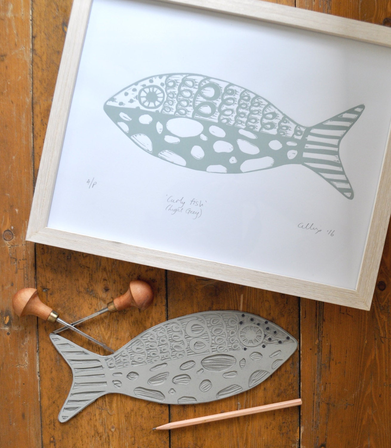 Curly Fish, Light Grey, Limited Edition, Original Lino Relief Print ...