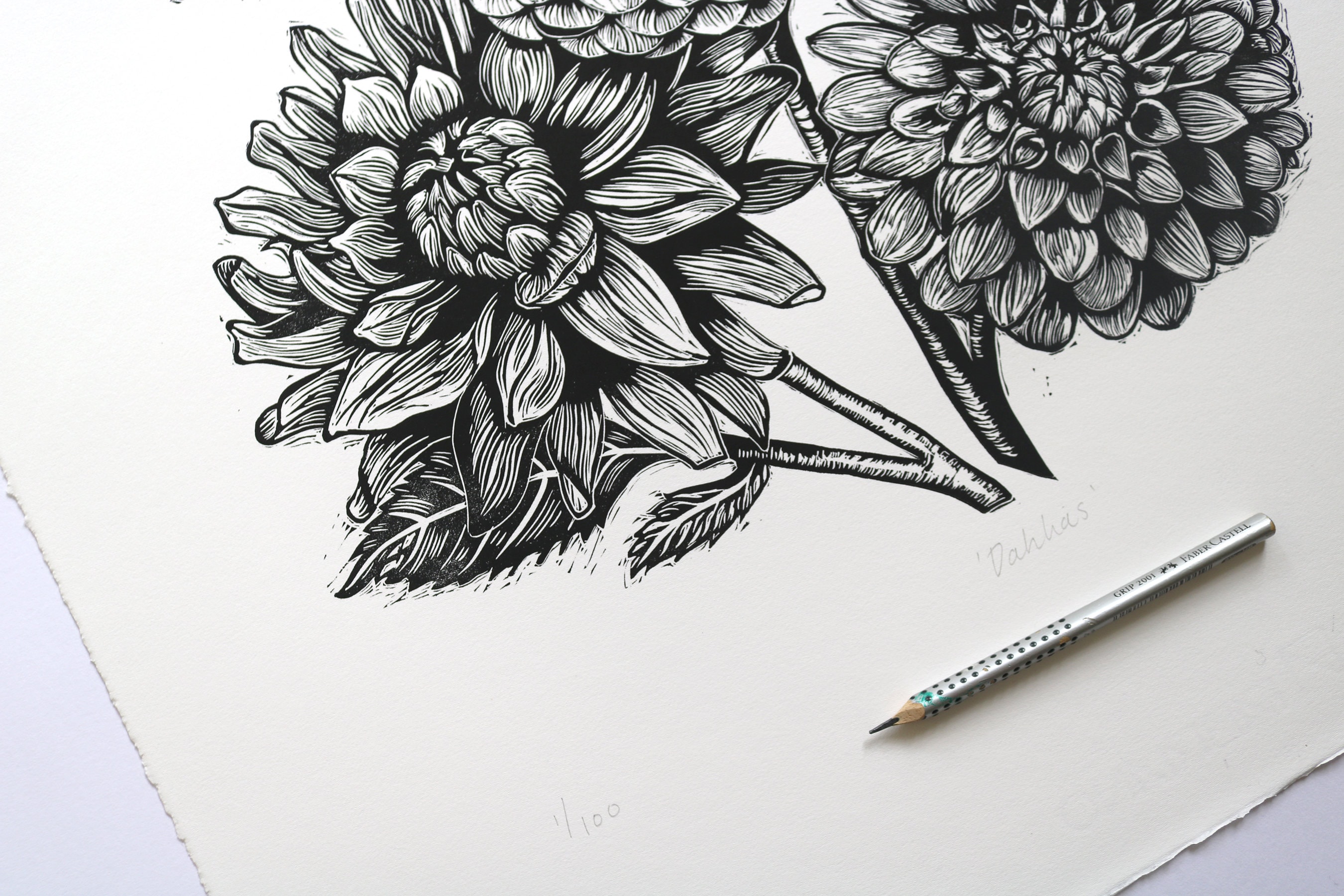 Dahlias Flower Lino Print Relief Cut Handmade Limited Edition Botanical ...