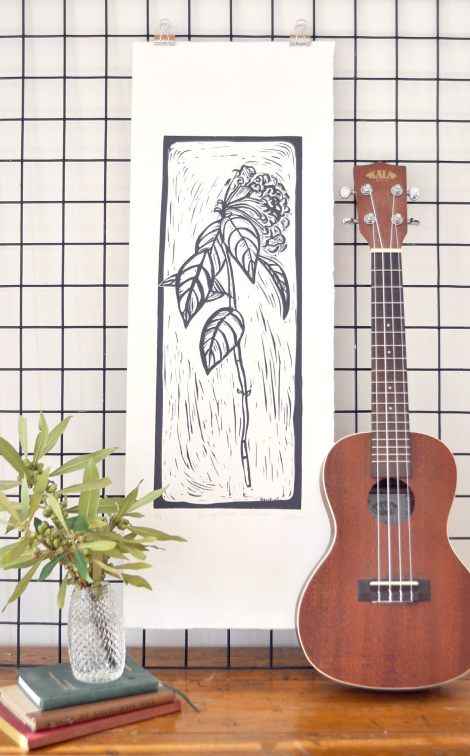 Spring Flower, Original Lino Print of Flower, Leaves & Stem, Dark Grey ...