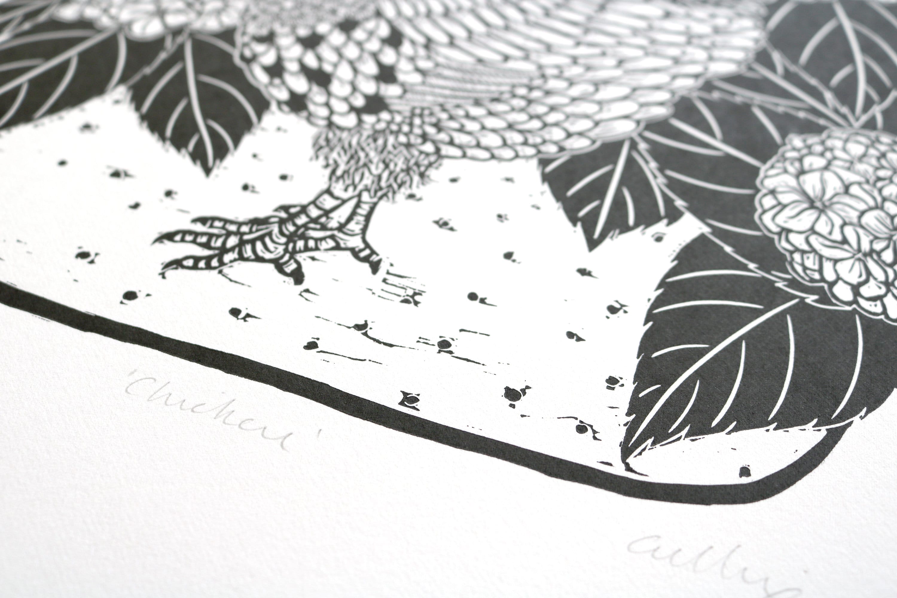 Chicken Lino Print Limited Edition Hydrangea Flower Leaves Printmaking ...