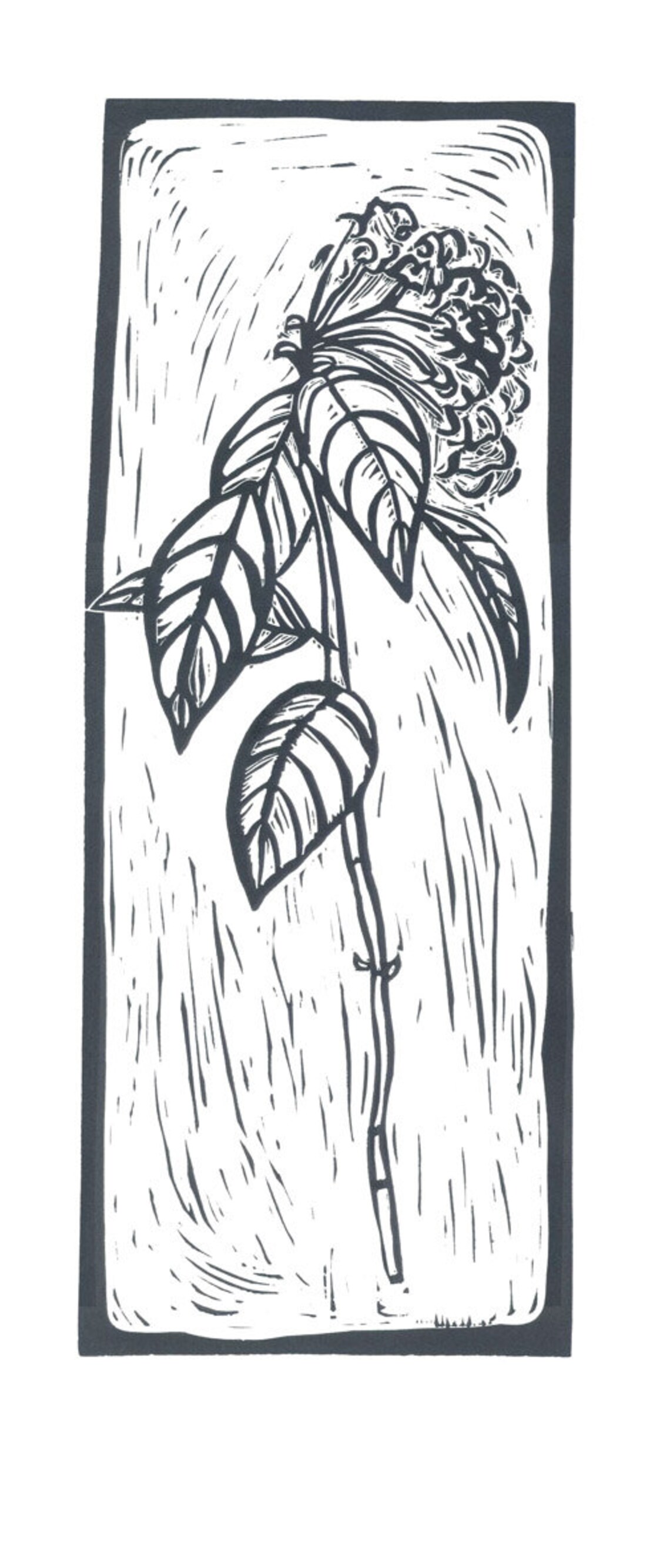 Spring Flower, Original Lino Print of Flower, Leaves & Stem, Dark Grey ...