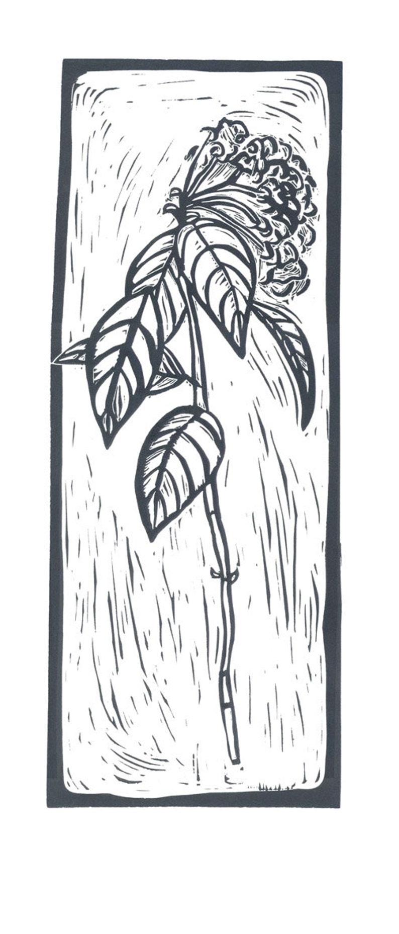 Spring Flower, Original Lino Print of Flower, Leaves & Stem, Dark Grey ...