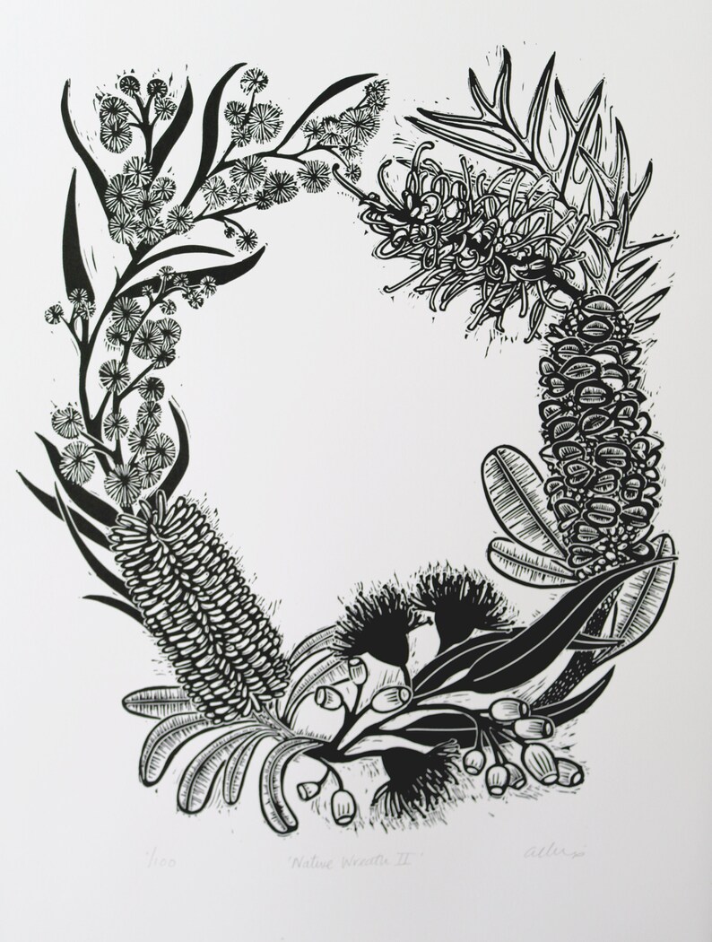 Native Wreath II Lino Print Original Artwork Limited Edition Floral ...