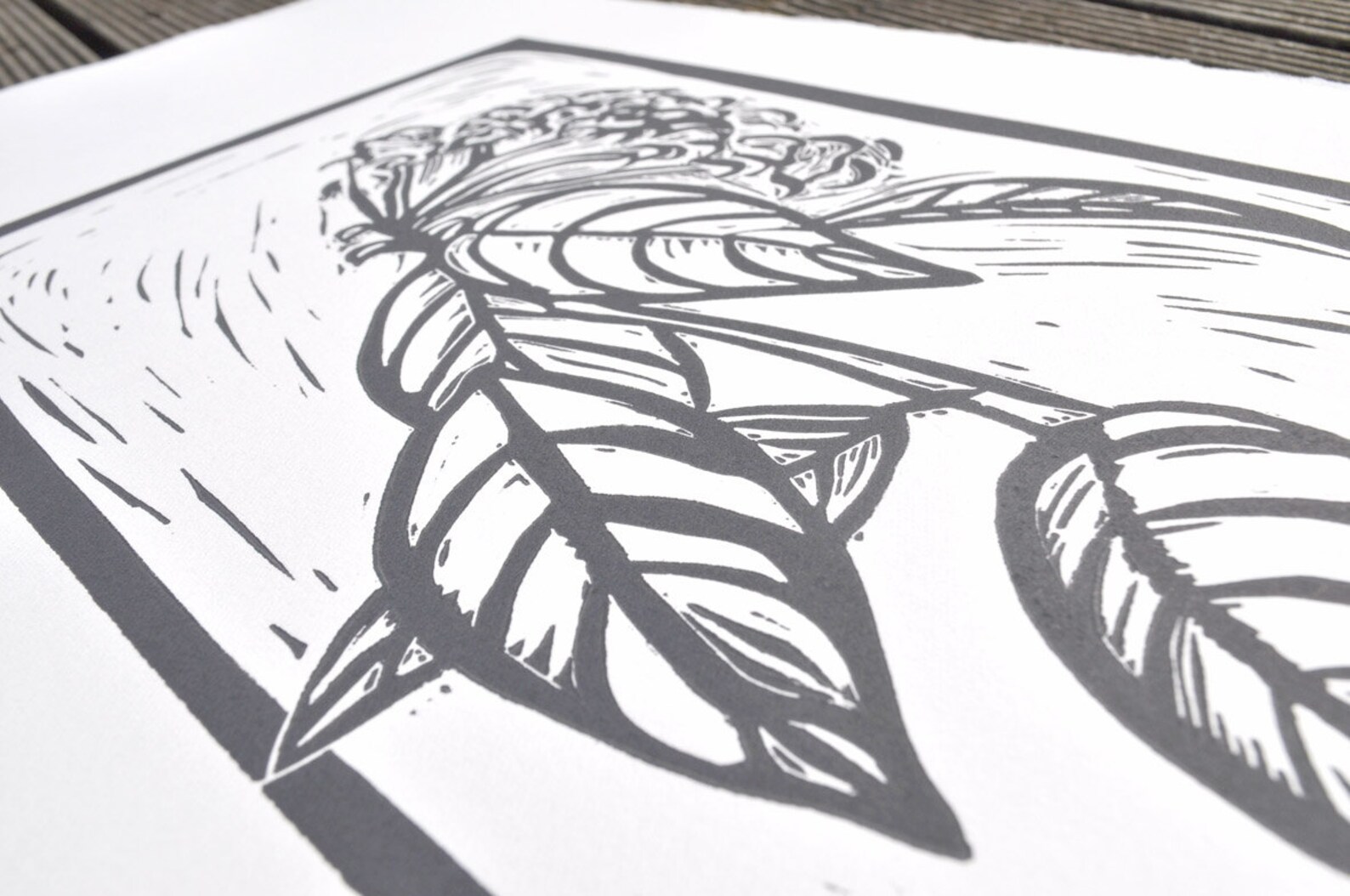 Spring Flower, Original Lino Print of Flower, Leaves & Stem, Dark Grey ...