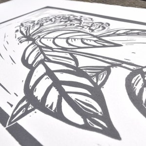 Spring Flower, Original Lino Print of Flower, Leaves & Stem, Dark Grey ...