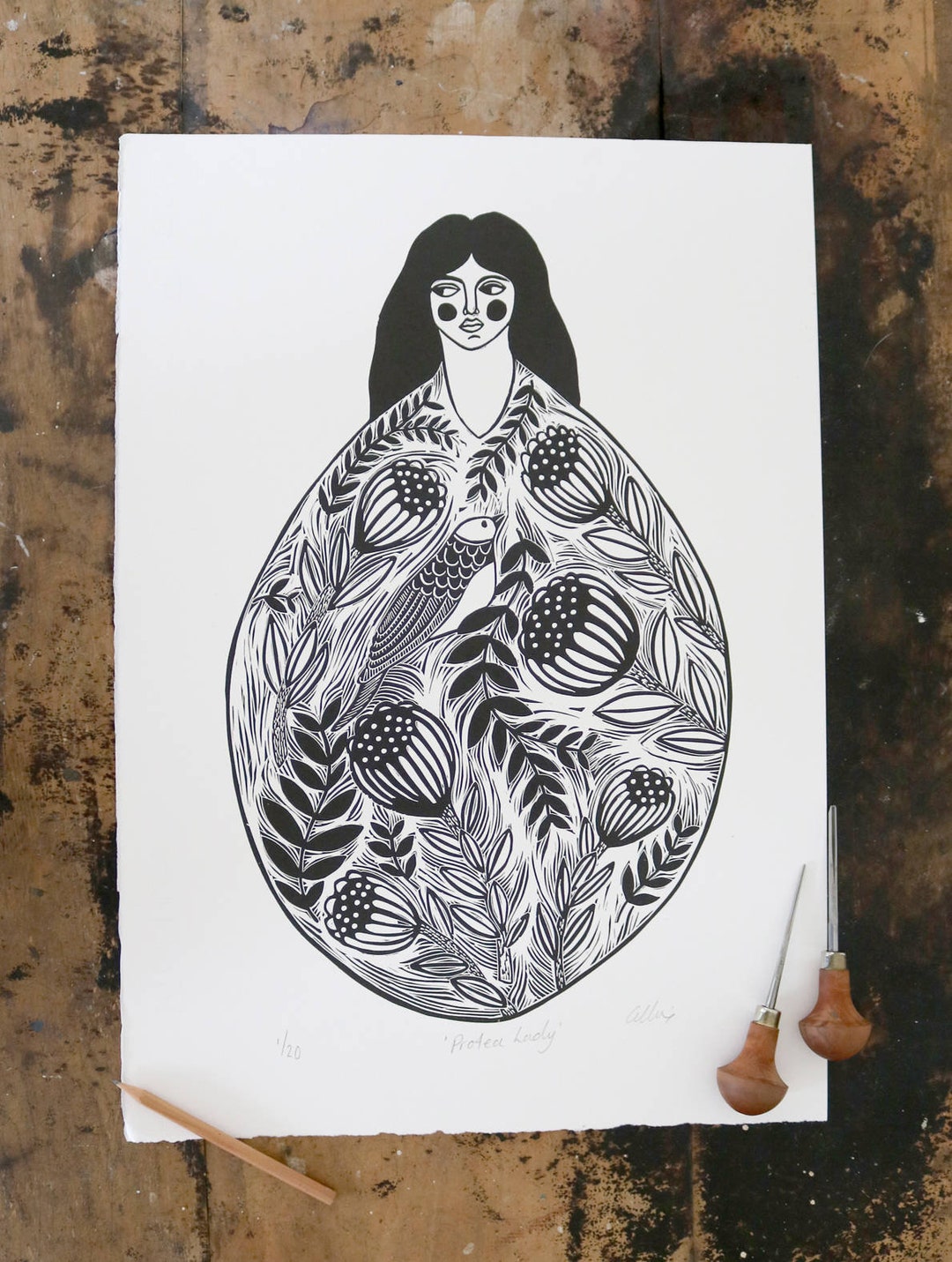 Protea Lady, Original Handmade Lino Print, Artwork, Limited Edition ...