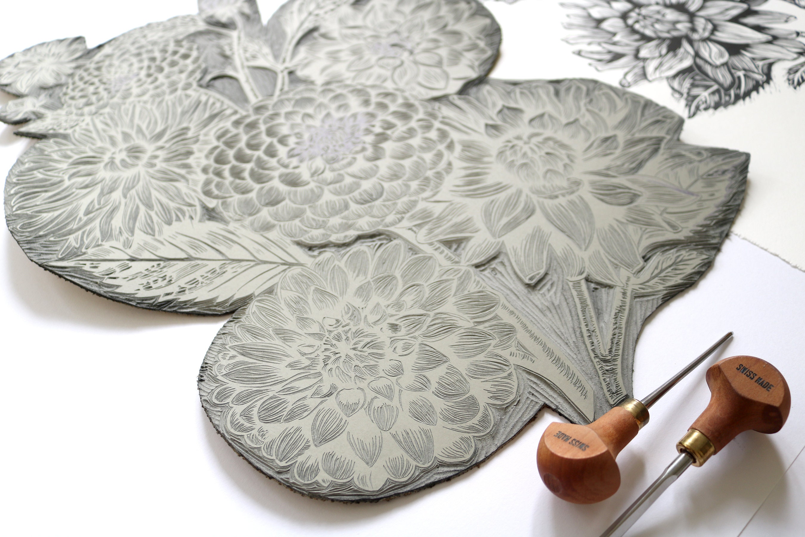 Dahlias Flower Lino Print Relief Cut Handmade Limited Edition Botanical ...