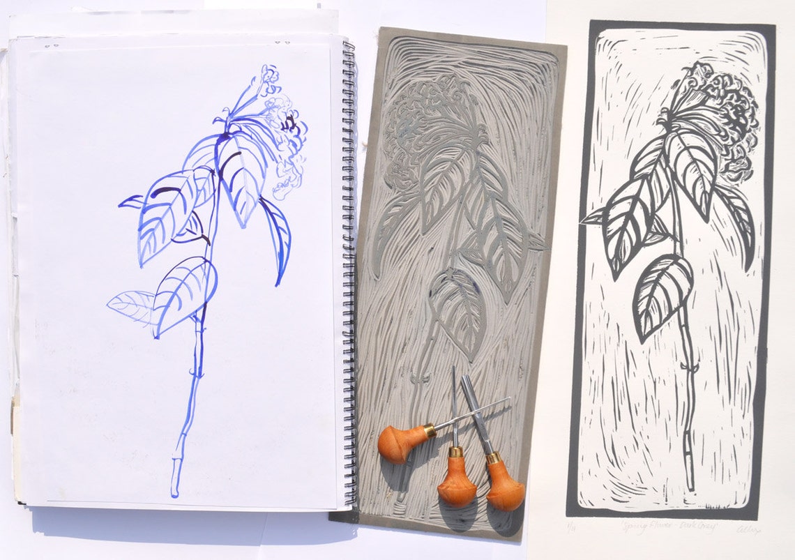 Spring Flower, Original Lino Print of Flower, Leaves & Stem, Dark Grey ...