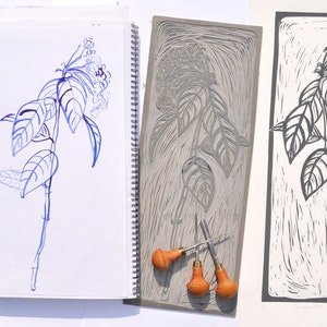 Spring Flower, Original Lino Print of Flower, Leaves & Stem, Dark Grey ...