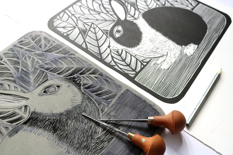 Domino - Rabbit Original Lino Artwork, Lino Print, Handmade, Limited ...