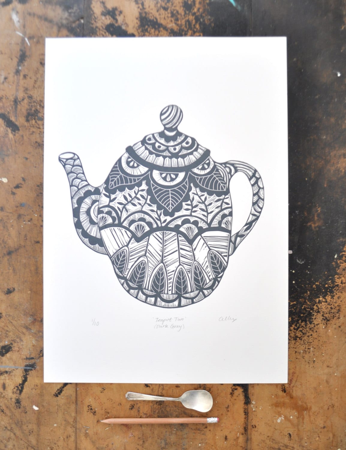 Original Lino Print of Teapot (dark Grey), Pattern 2, Handmade ...