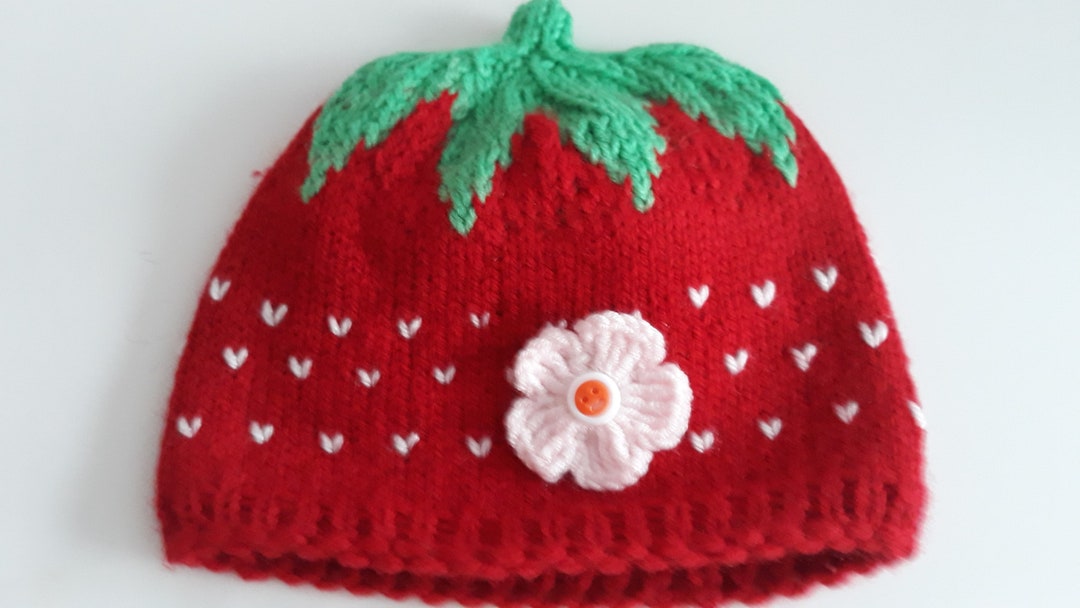 Knitted Strawberry Fruit Hat - Hand Knit Hat - Strawberry Beanie Hat ...