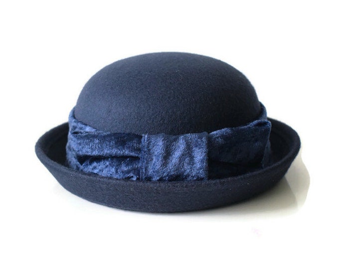 JANEY Navy Blue Childs Girls Felt Bowler Hat With Crushed Velvet Trim ...
