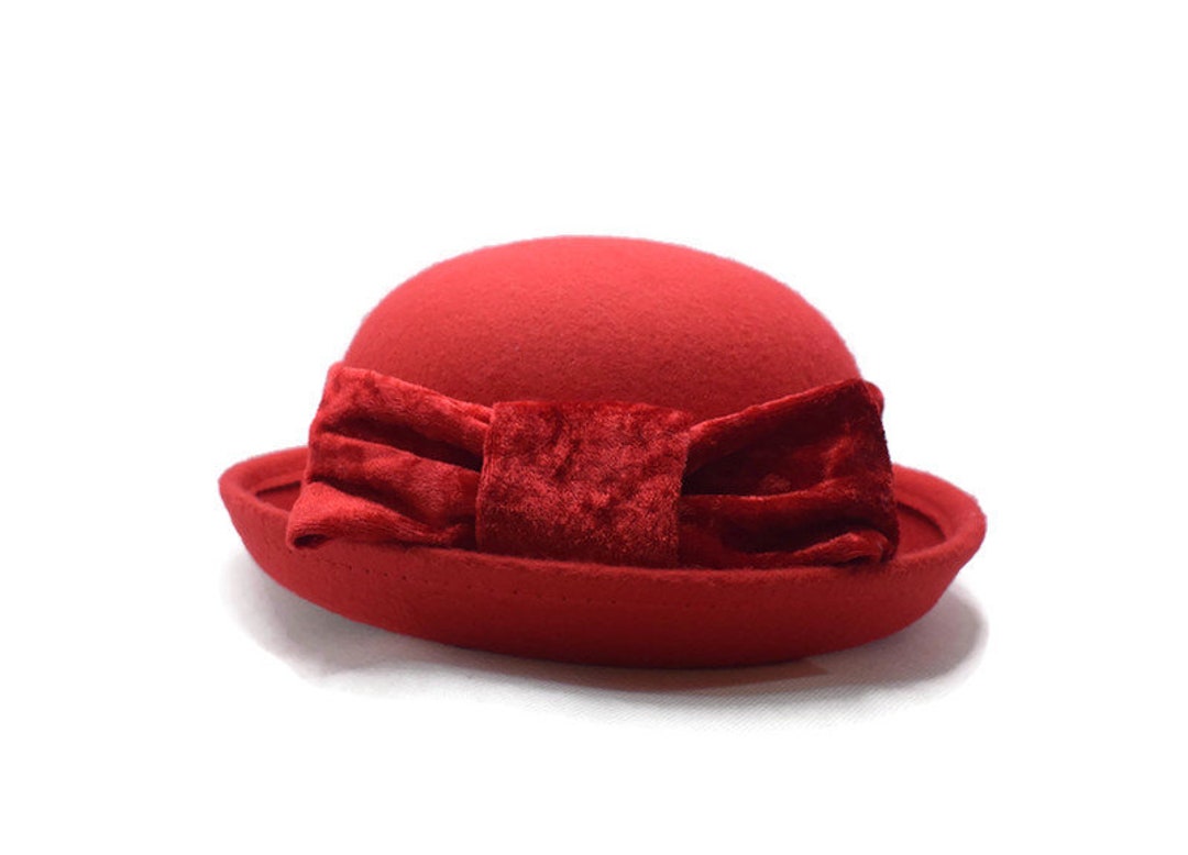 JANEY RED Childs Girls Felt Bowler Hat With Crushed Velvet Trim and Big ...