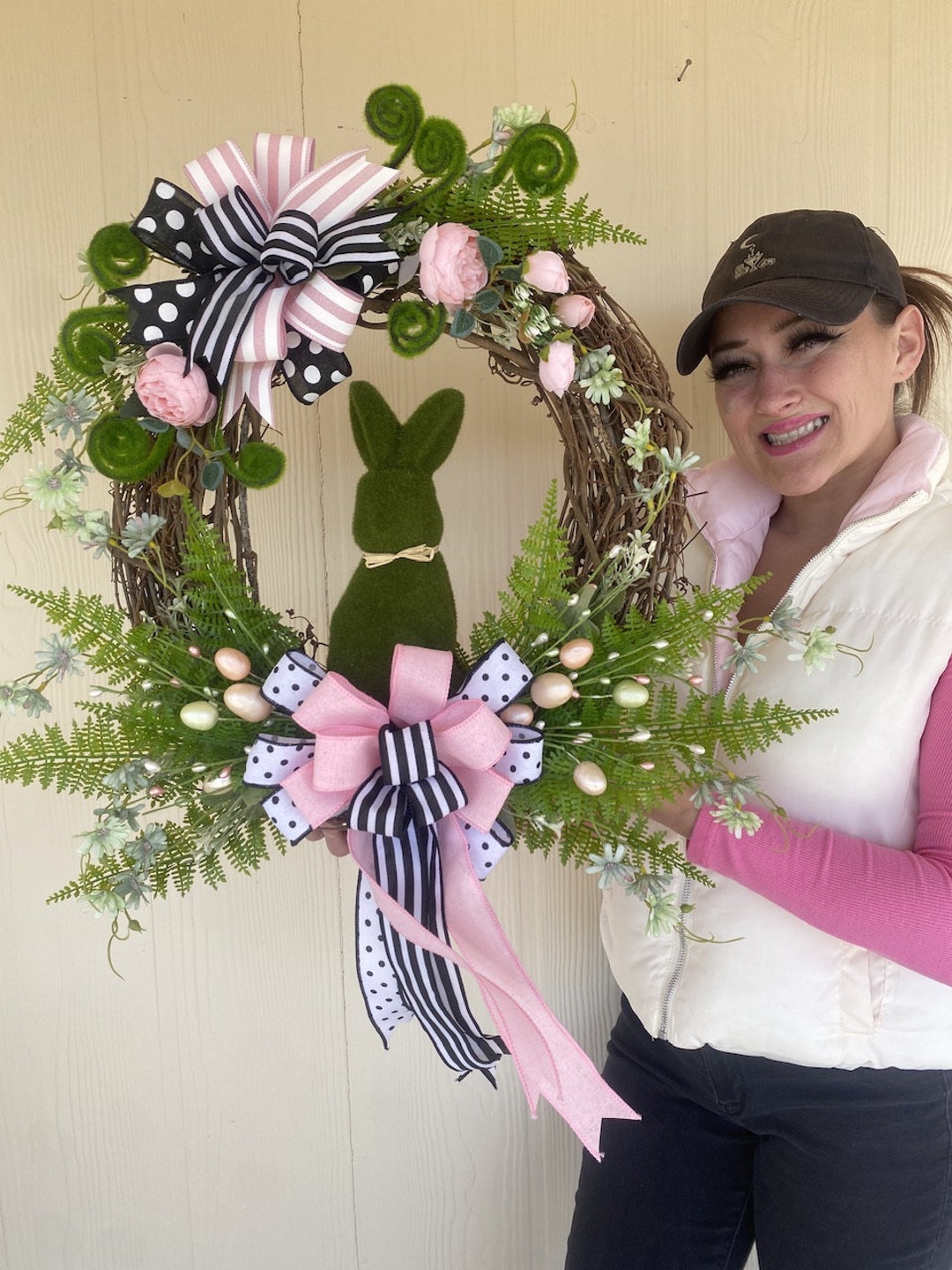 Flocked Bunny Wreath, Easter Grapevine Wreath, Green Flocked Bunny ...