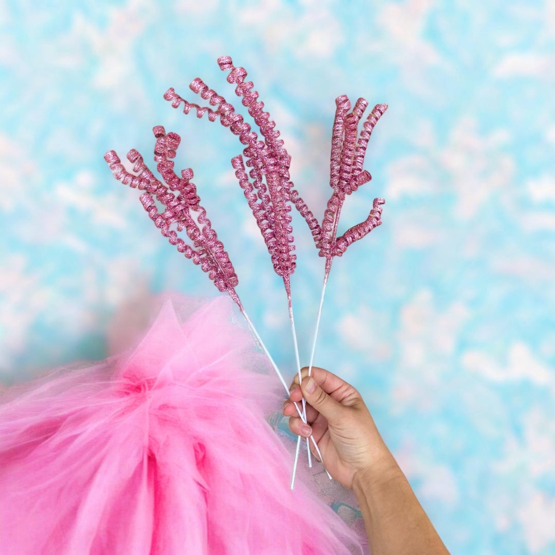 Pink Curly Picks, Pink Glitter Picks, Pink Wreath Attachments, Glitter ...