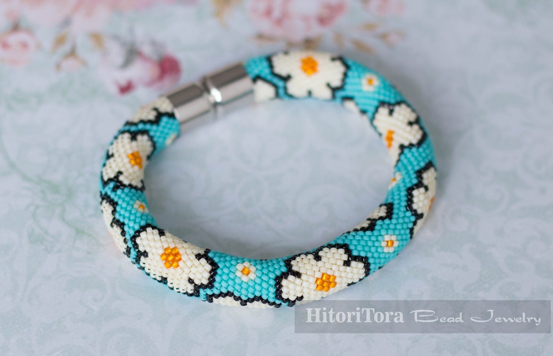 PDF Pattern for Beaded Crochet Bracelet Seed Bead Rope Pattern Daisies ...