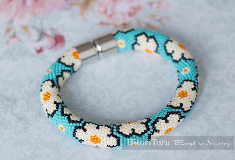 PDF Pattern for Beaded Crochet Bracelet Seed Bead Rope Pattern Daisies ...