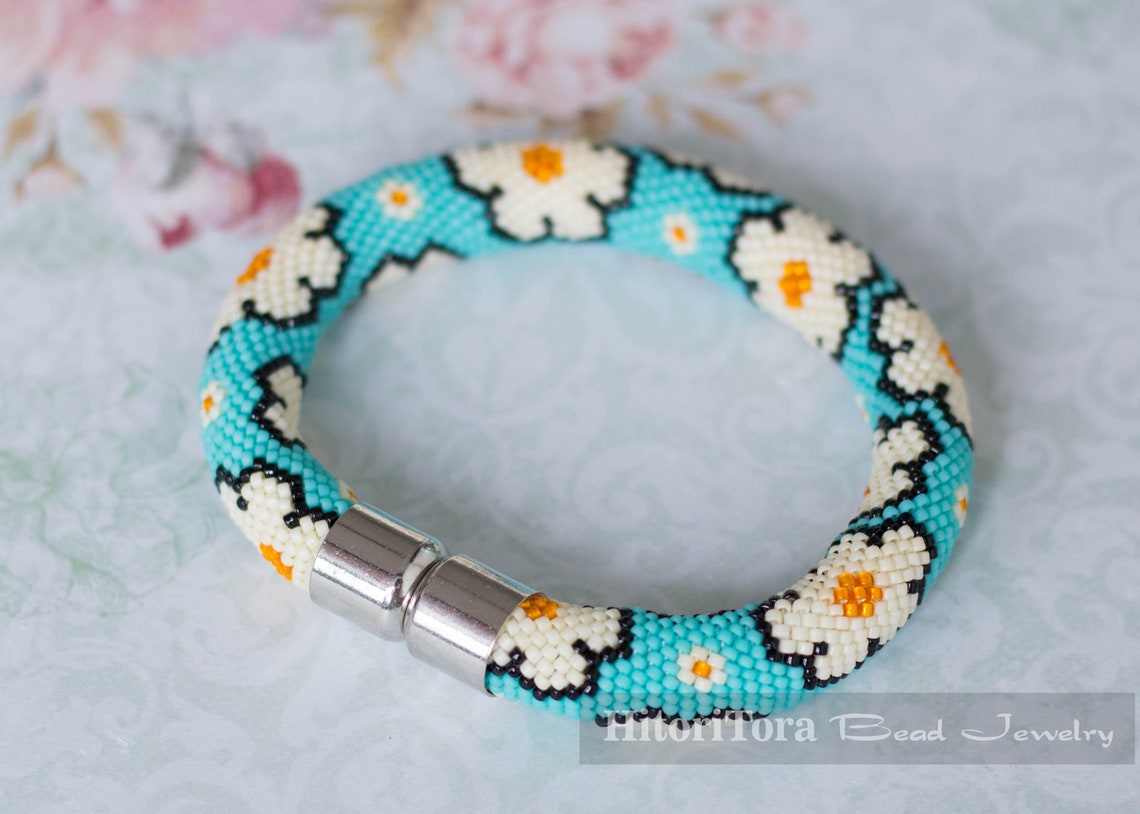 PDF Pattern for Beaded Crochet Bracelet Seed Bead Rope Pattern Daisies ...