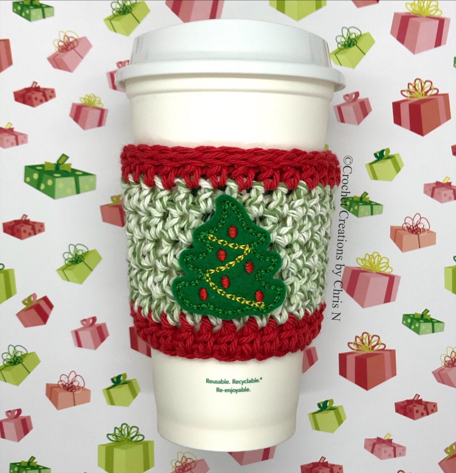 Christmas Tree Cup Cozy, Christmas Tree Cup Sleeve, Crochet Cup Cozy ...