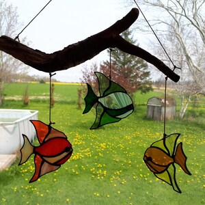 Stained Glass Mobile Little Fishes on Drift Wood From PEI - Etsy