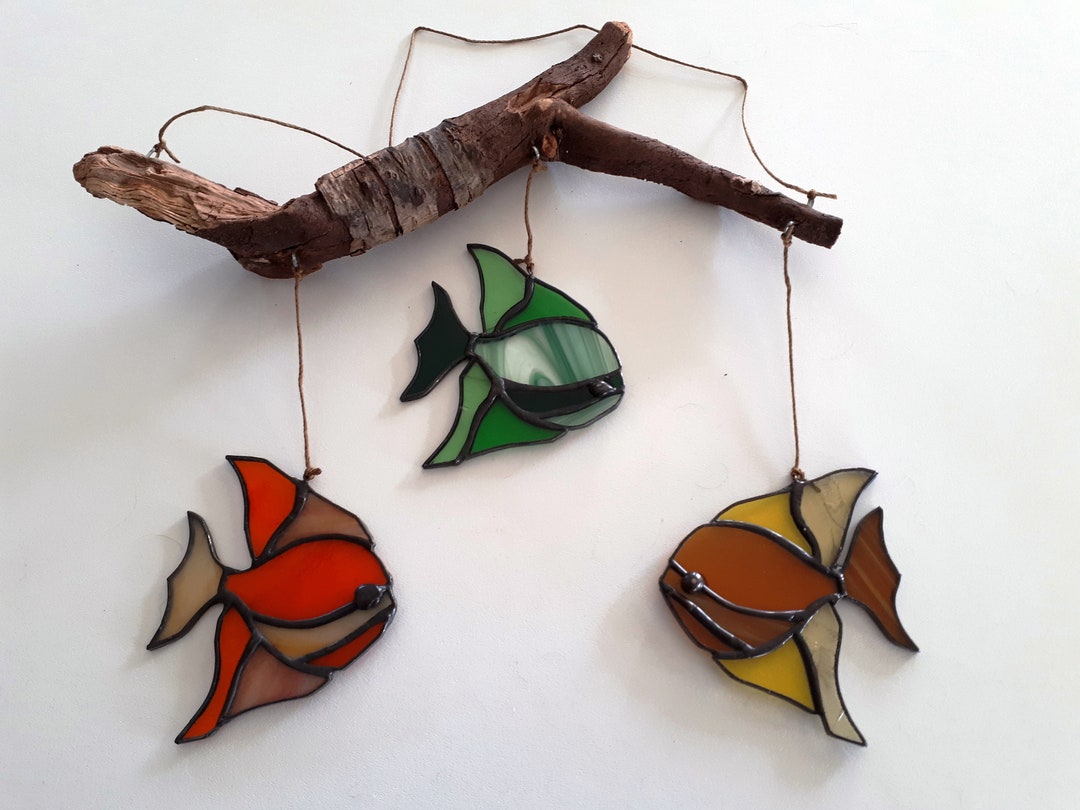 Stained Glass Mobile Little Fishes on Drift Wood From PEI - Etsy